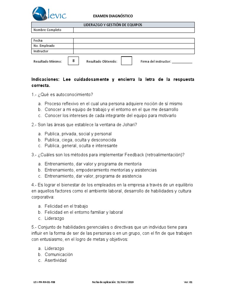 Examen de Liderazgo DIAGNOSTICO | Descargar gratis PDF | Liderazgo Examen de Liderazgo DIAGNOSTICO | Descargar gratis PDF | Liderazgo