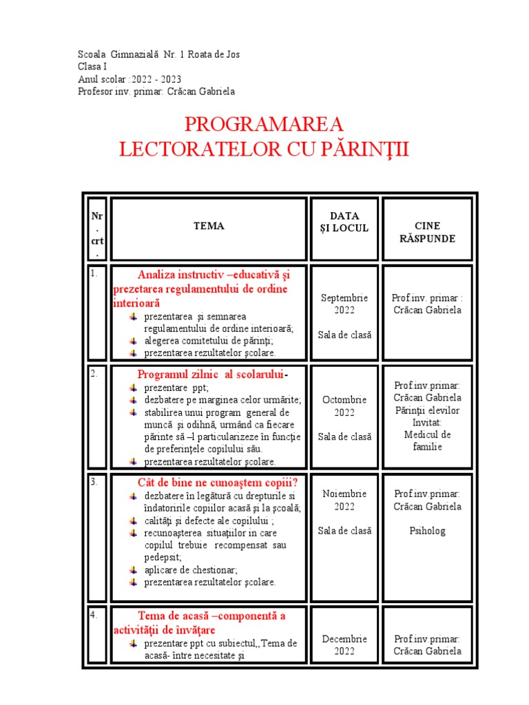 Planificarea Lectoratelor Cu Parintii, Clasa I | PDF Planificarea Lectoratelor Cu Parintii, Clasa I | PDF