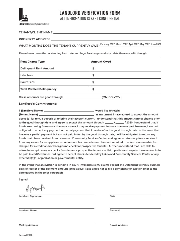 Landlord Verification Form: All Information Is Kept Confidential | PDF ...