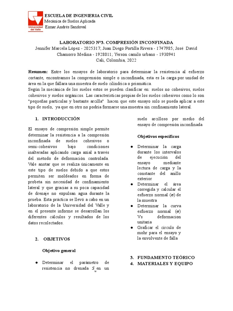 Laboratorio 3 - Prueba de Compresión Simple | PDF | Deformación ...