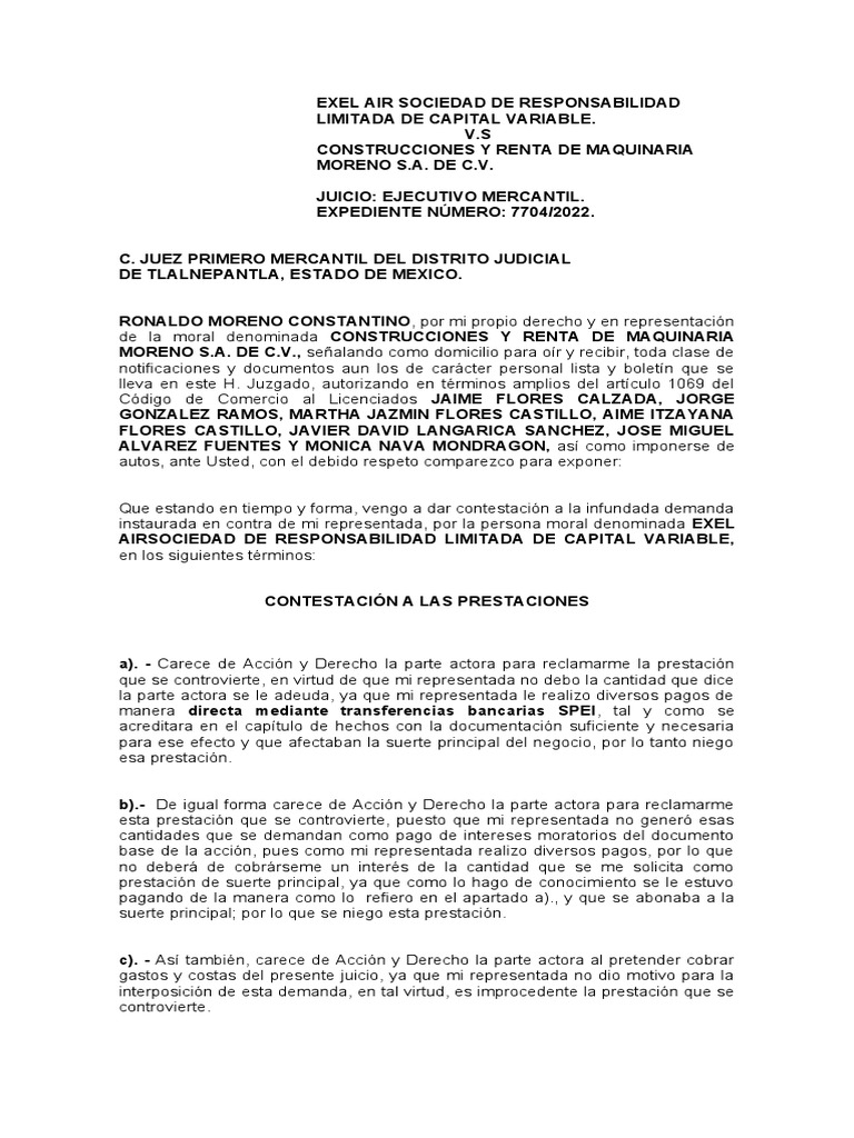 Contestación a Juicio Mercantil 7704/2022 | PDF | Demanda judicial ...