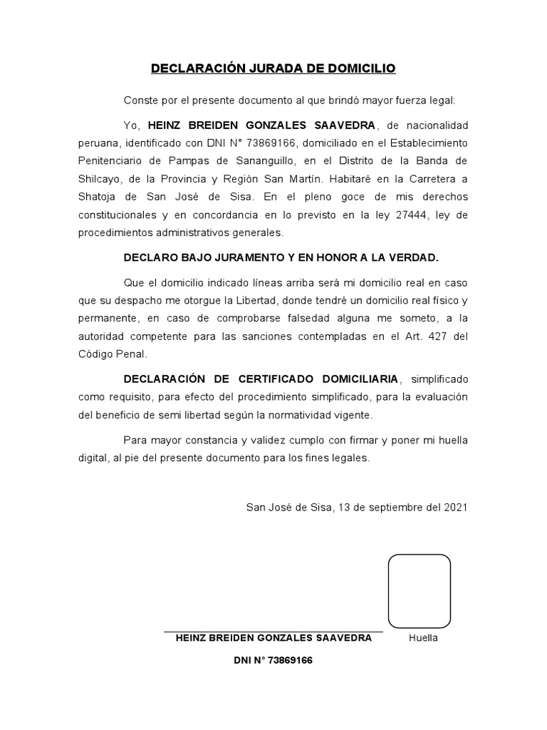 Declaración Jurada de Domicilio | PDF
