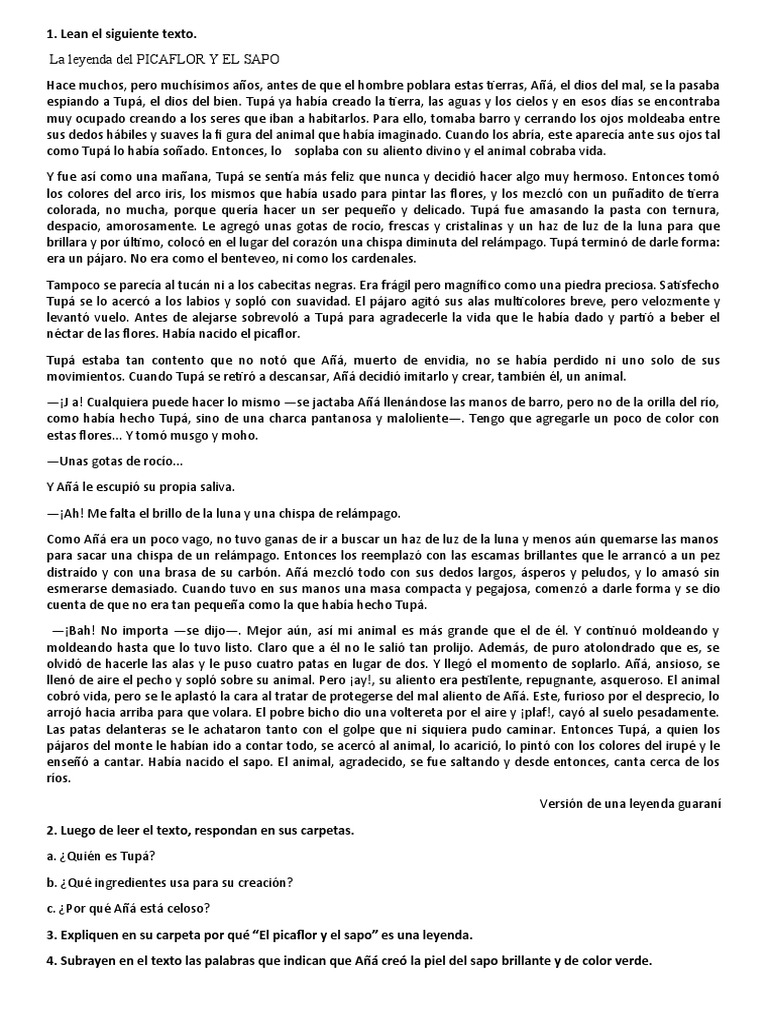 La Leyenda Del PICAFLOR Y EL SAPO | PDF