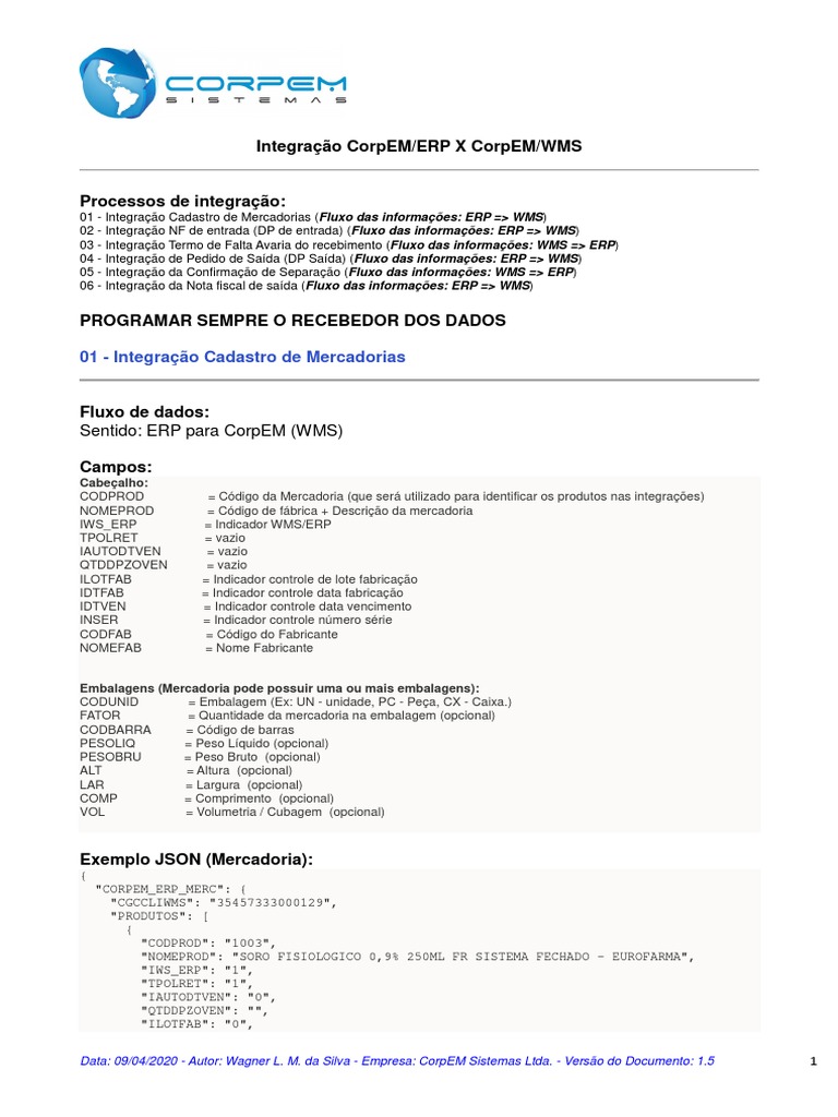 Integração CorpEM-ERP X CorpEM-WMS Versão 1.5 24-03-2020 | PDF | Recibo ...