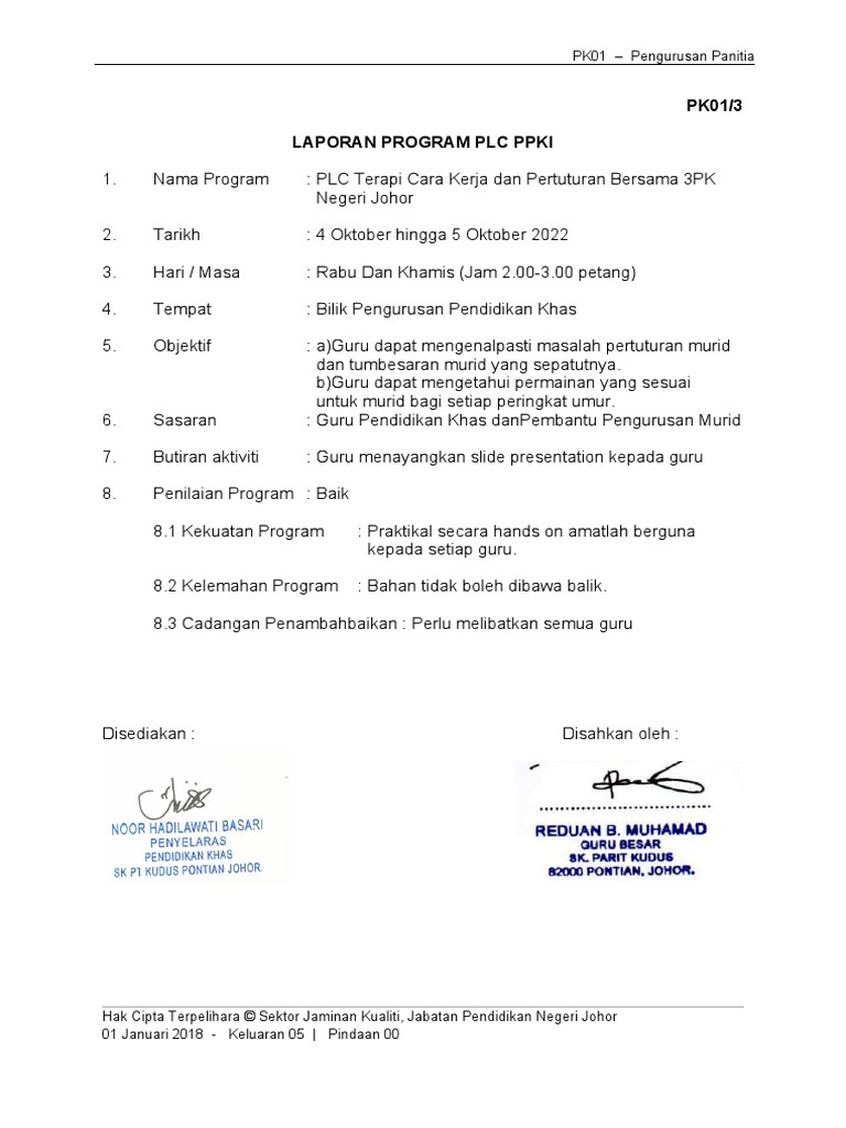 Laporan PLC Terapi Cara Kerja Dan Pertuturan Bersama 3PK Negeri Johor ...