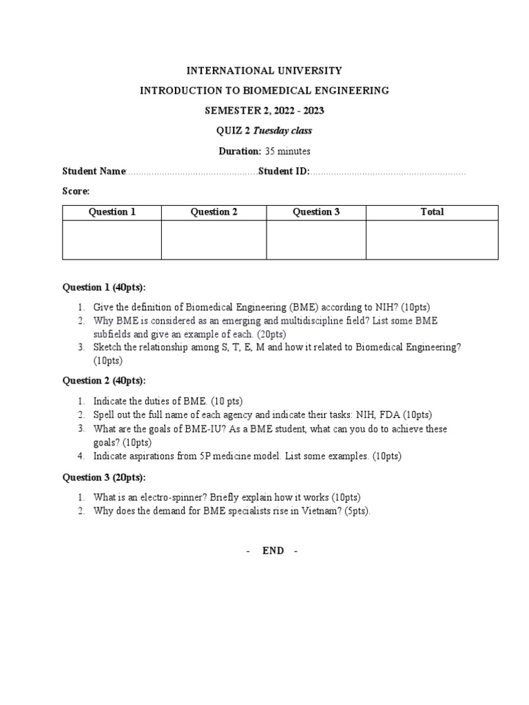 Quiz 1 | PDF | Biomedical Engineering | Health Care