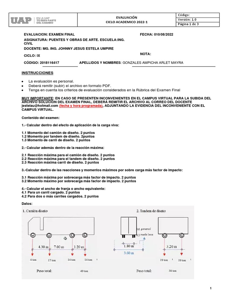 Examen - Final Puentes y Obras de Arte 2020 Arlet Gonzales | PDF ...