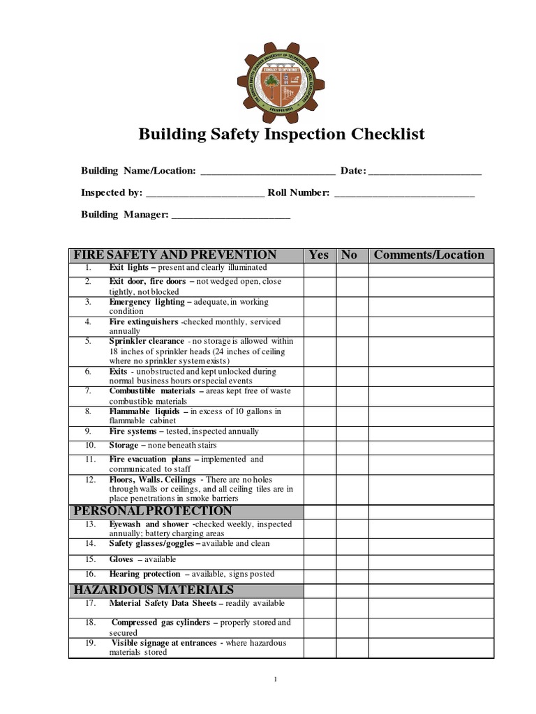 Building Safety Inspection Checklist | PDF | Fire Sprinkler System ...
