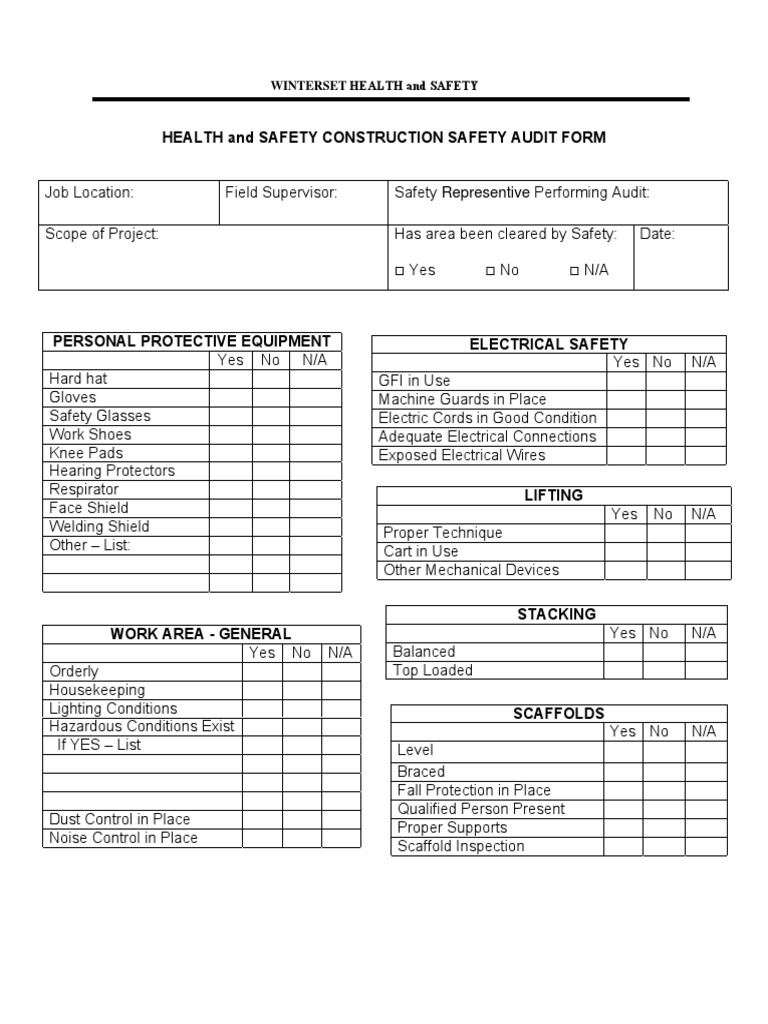 Health and Safety Audit Form | PDF | Personal Protective Equipment | Safety
