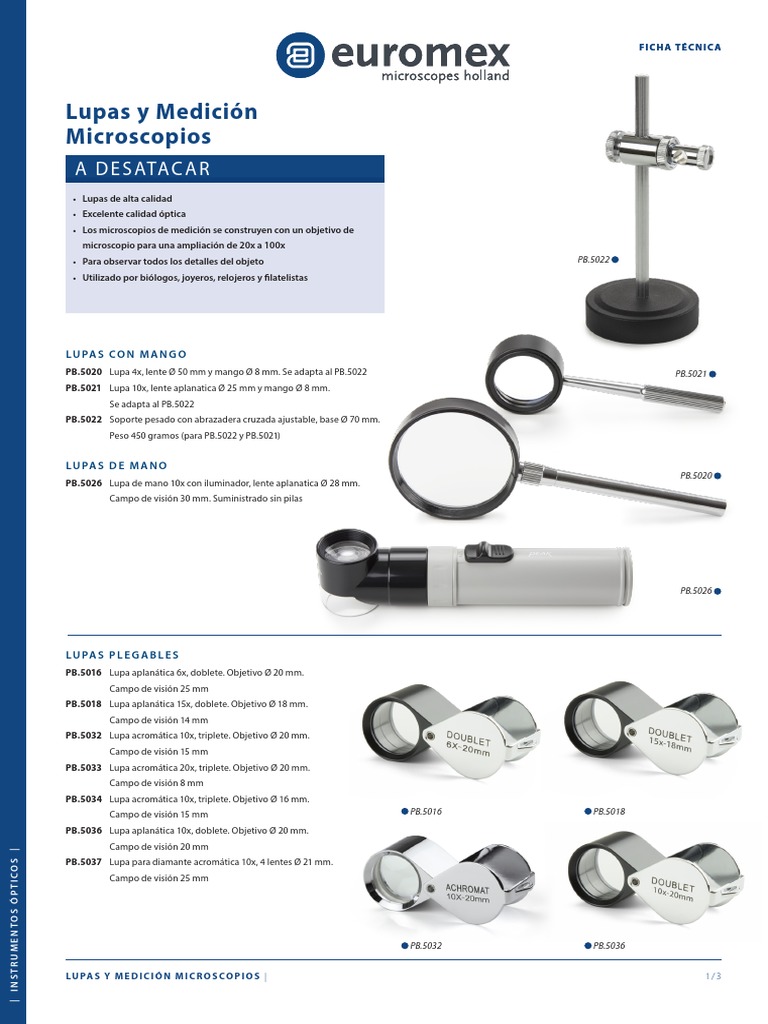 Lupas y Medicion-Microscopios Ficha Tecnica Espanol | PDF | Microscopio | Ciencia de los Materiales
