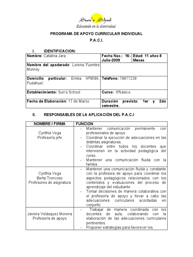 Ejemplo PACI | PDF | Evaluación | Maestros