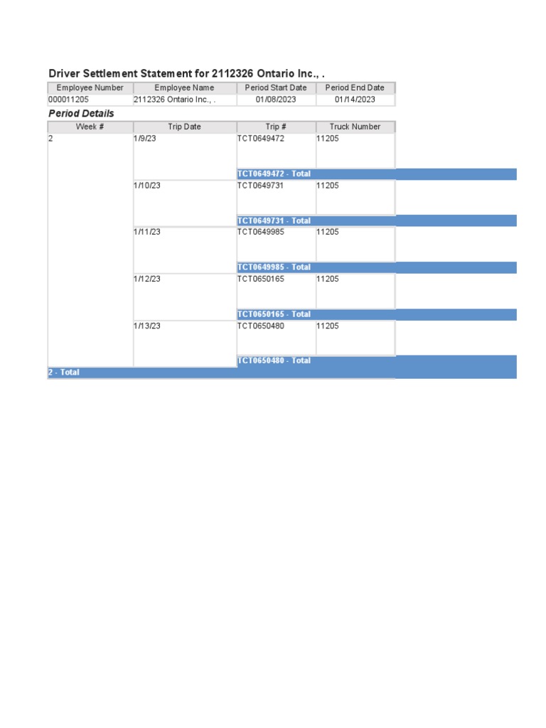 Driver Settlement Statement Detailing Hours Kilometers And Pay For