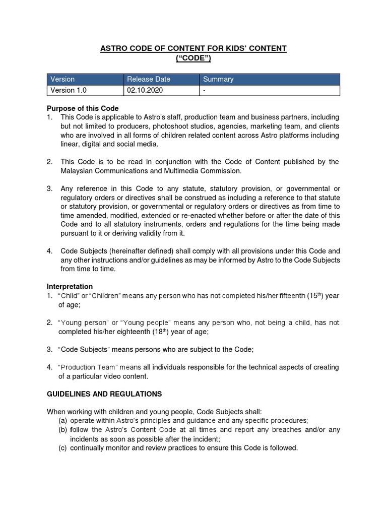 Astro Code of Content For Kids Content (V1.0) | PDF | Profanity | Meal