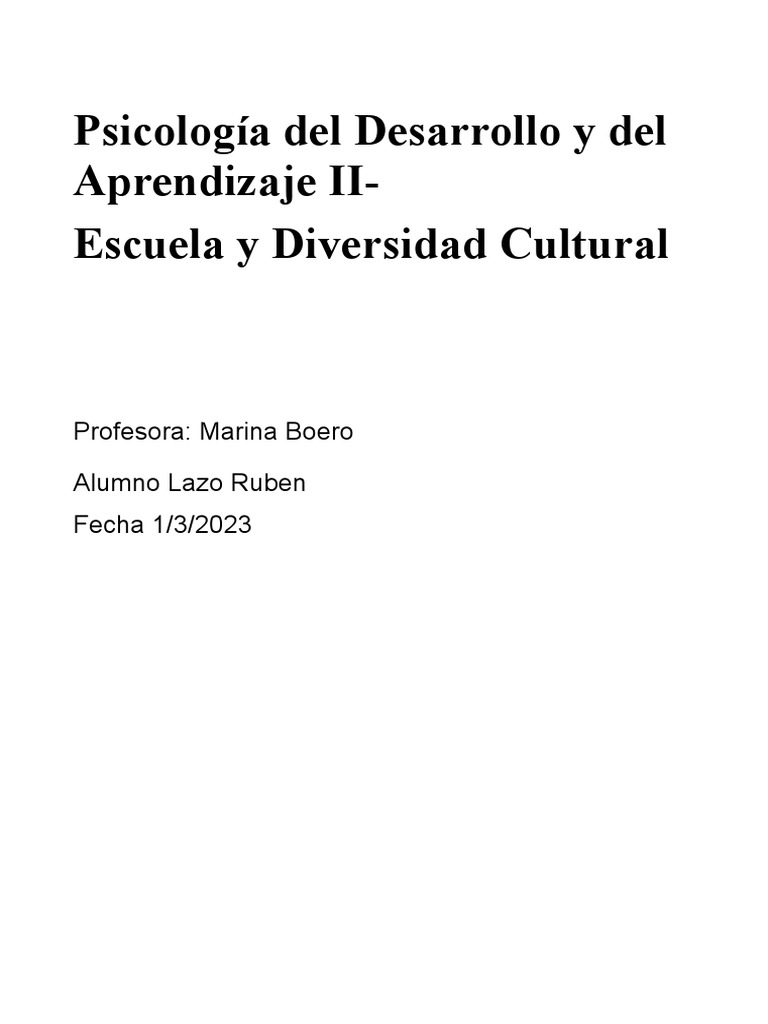 Psicología Del Desarrollo y Del Aprendizaje II-Escuela y Diversidad Cultural | PDF