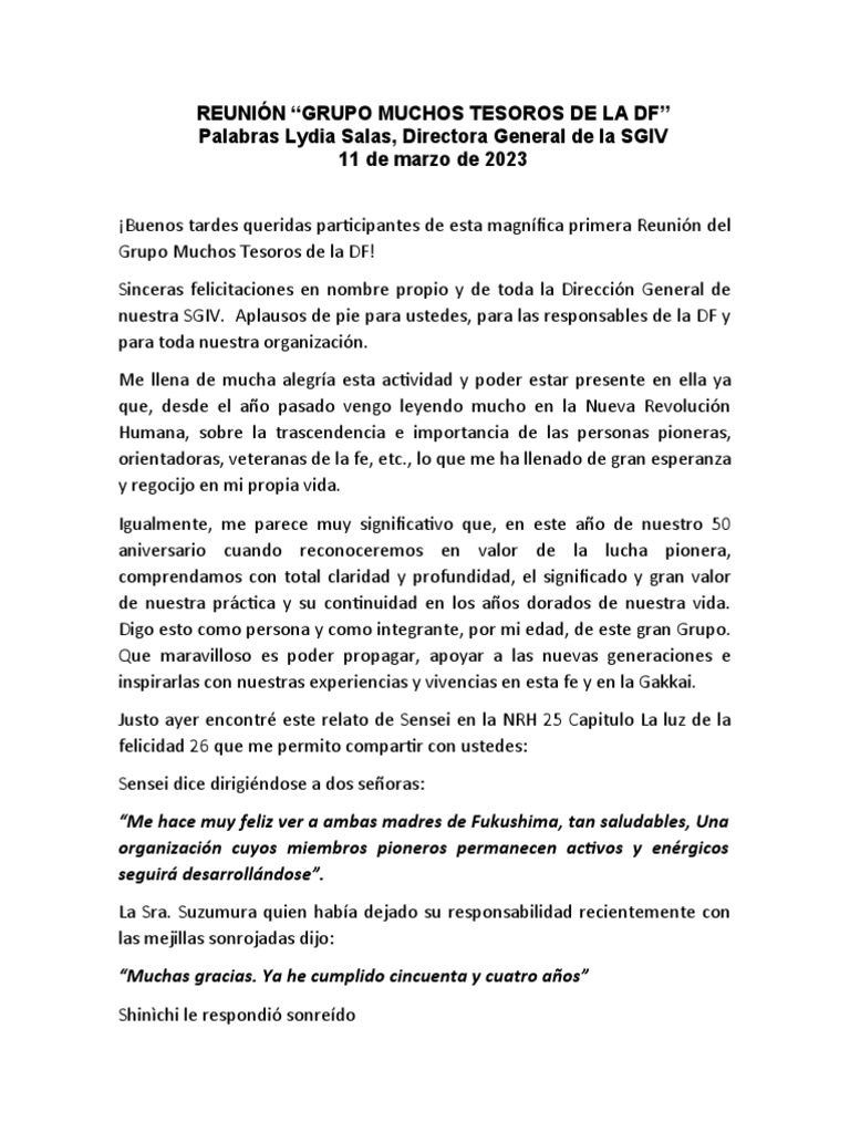 Palabras Lydia Salas Reunión Grupo Muchos Tesoros DF | PDF