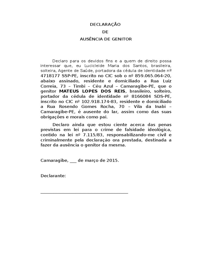 Declaracao de Ausencia de Genitor | PDF