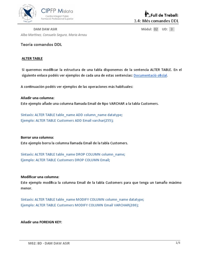 Teoría comandos DDL | PDF | SQL | Recuperación de información Teoría comandos DDL | PDF | SQL | Recuperación de información