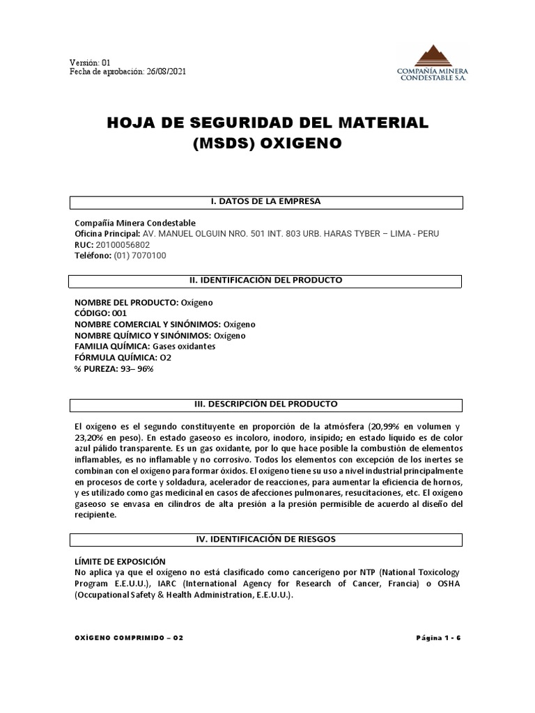 Hoja MSDS O2 CMC | PDF | Oxígeno | Gases