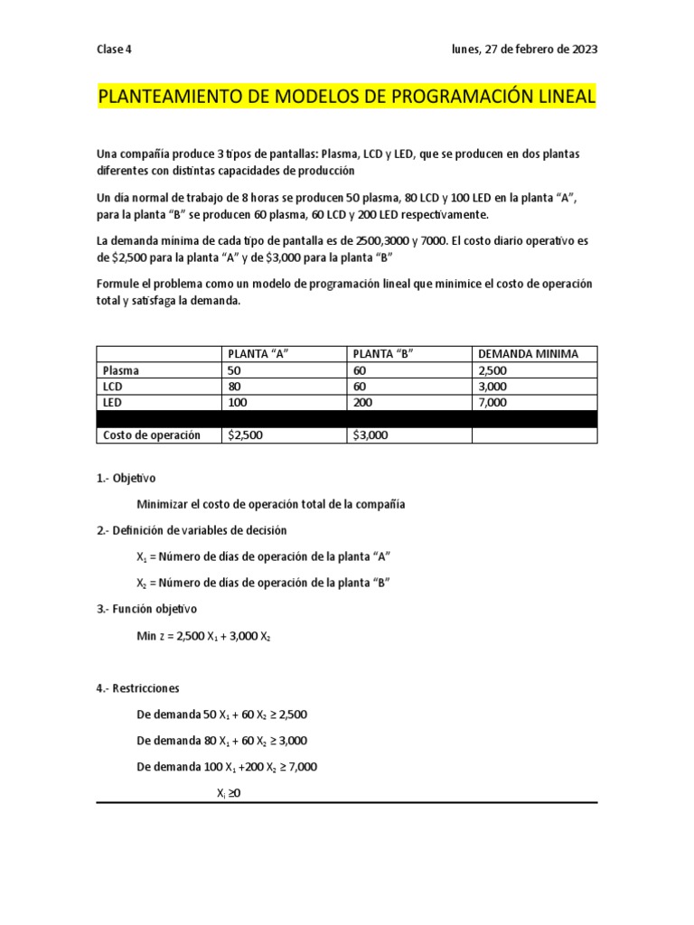 Clase 4 - PLANTEAMIENTO DE MODELOS DE PROGRAMACIÓN LINEAL | PDF | Programación lineal | Informática