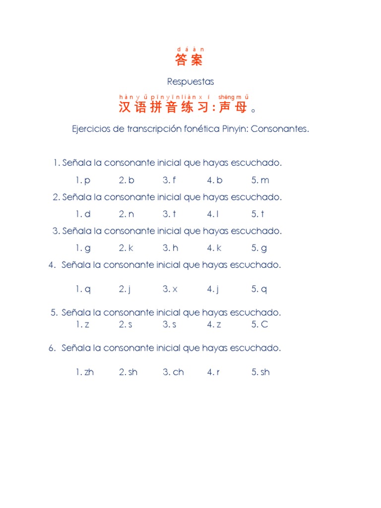 Ejercicios De Transcripción Fonética Pinyin Consonantes Respuestas