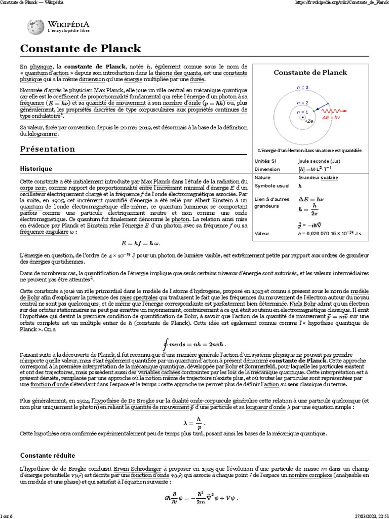 Constante de Planck : Fondamentaux et Valeur | PDF | Fonction d'onde ...