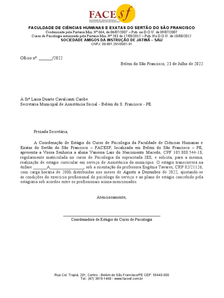 Modelo OFÍCIO SOLICITAÇÃO DE ESTÁGIO | PDF