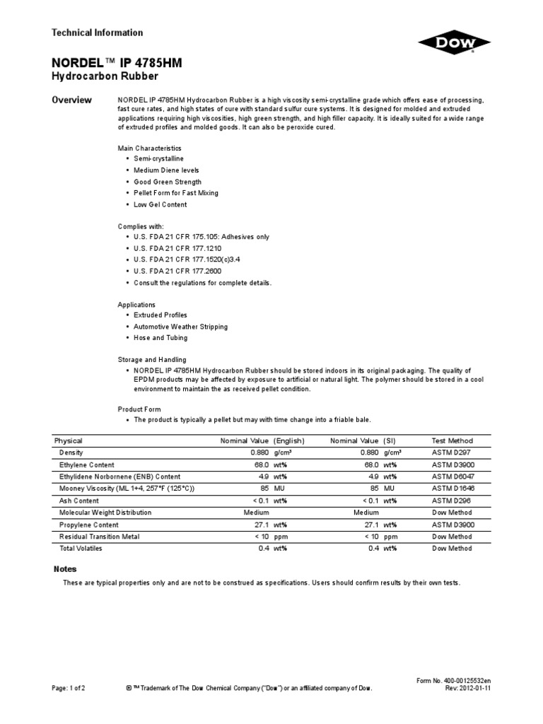 Ficha Tecnica Nordel-Ip-4785 HM PDF | PDF | Dow Chemical Company | Materials