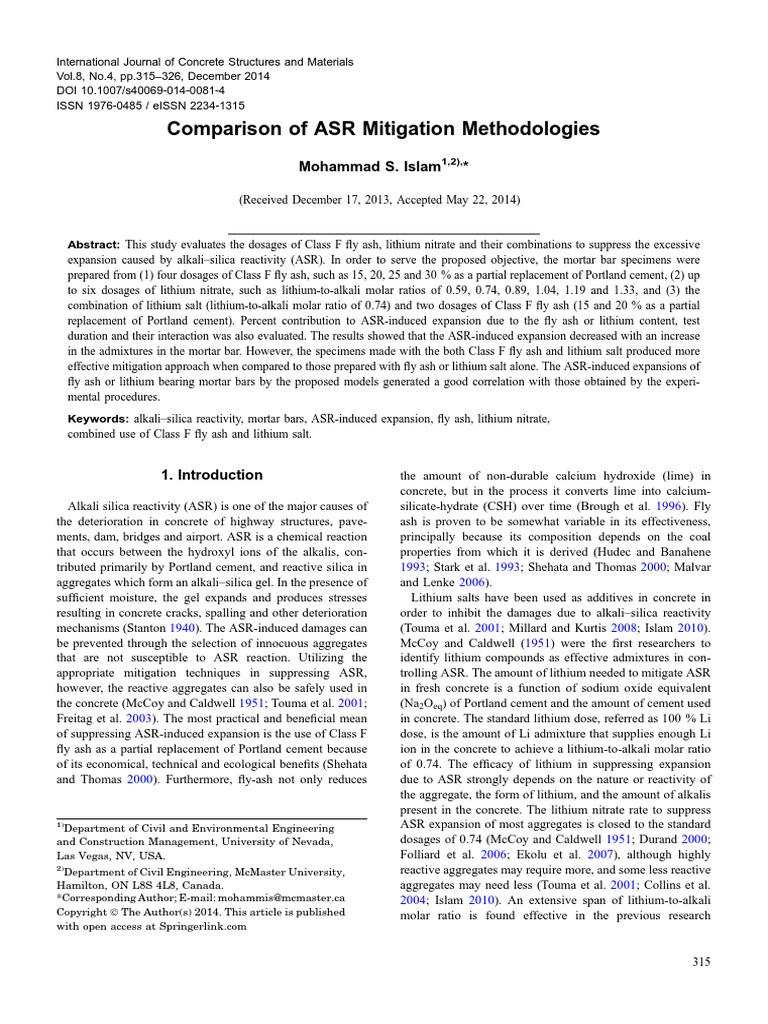 Comparison of Asr Mitigation Methodologies | PDF | Concrete | Fly Ash
