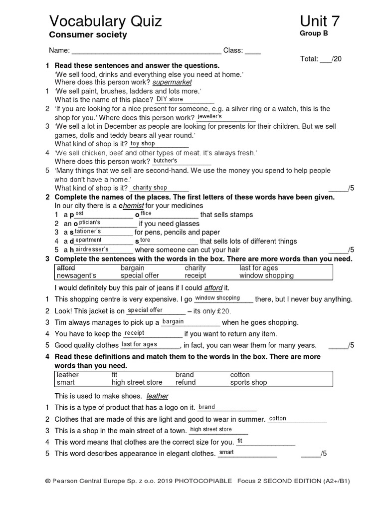 Focus 2 2ed Vocabulary Quiz Unit7 GroupB | Download Free PDF | Retailing