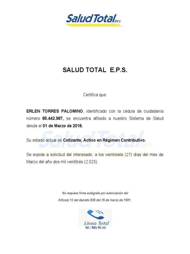 Certificado SaludTotal | PDF