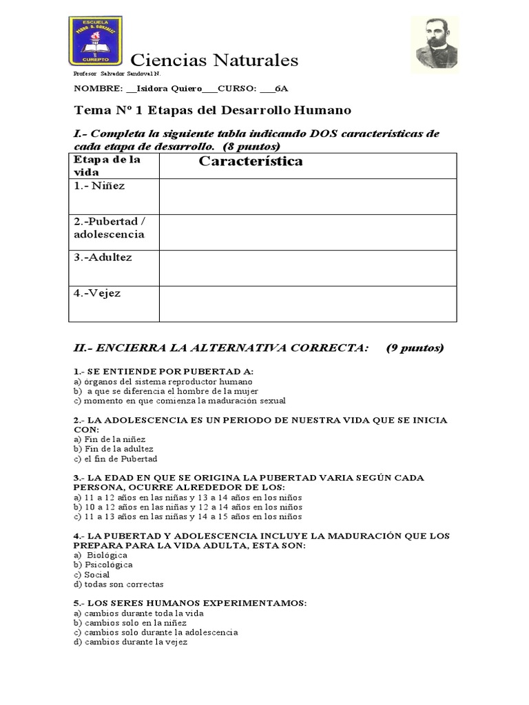 EVALUACION TEMA 1 Sexto | PDF | Infancia | Adolescencia
