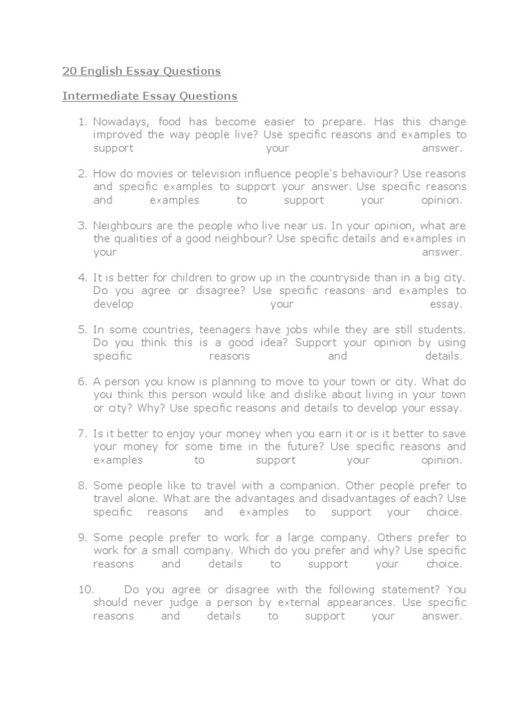 20 English Essay Questions | PDF