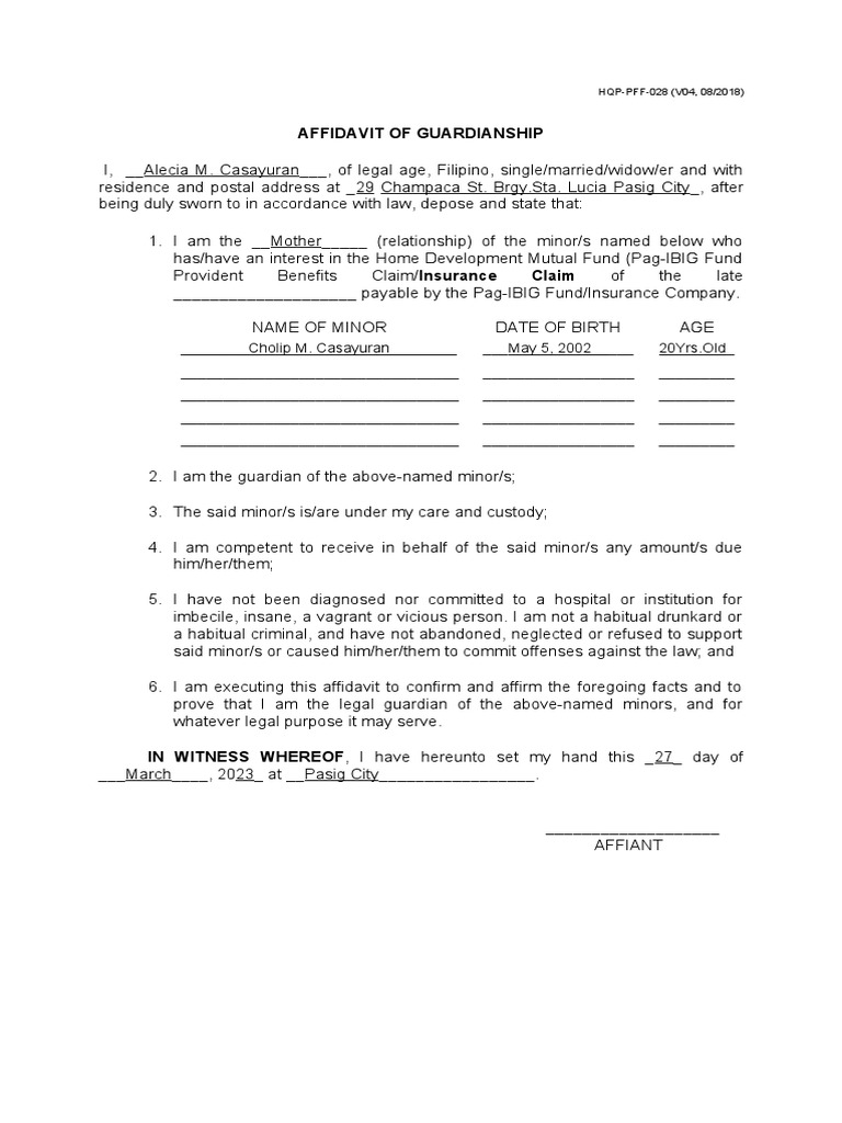 Affidavit of Guardianship for Insurance Claim | PDF | Social Science