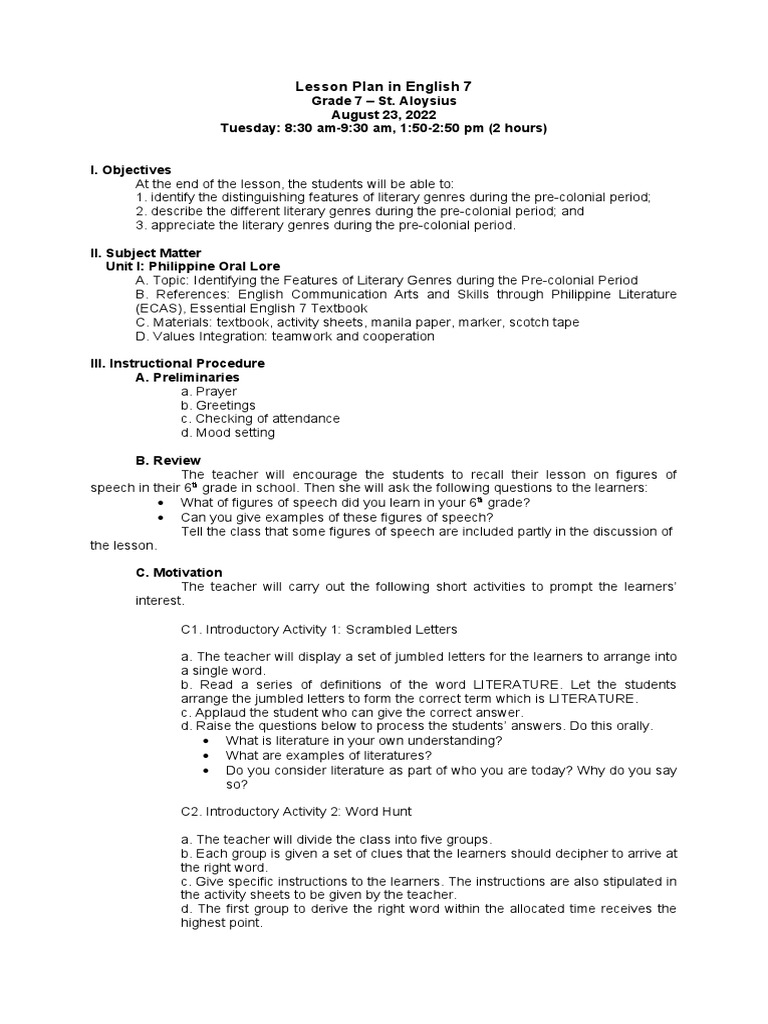 Pre-Colonial Literary Genres Lesson Plan | PDF | Proverb | Riddle