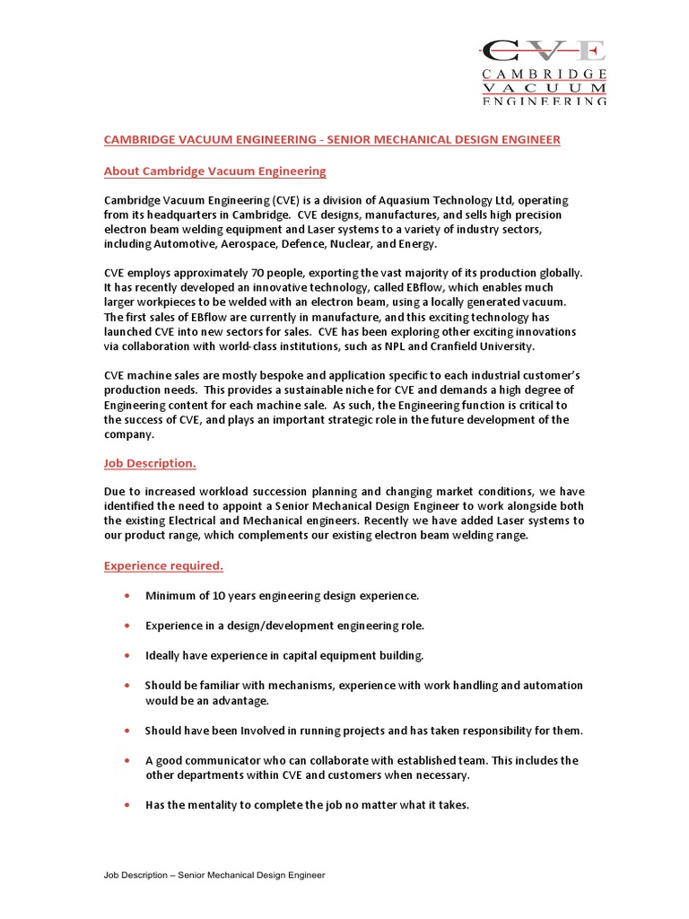CVE - JD - Senior Mechanical Design Engineer PDF | PDF | Engineering | Mechanical Engineering
