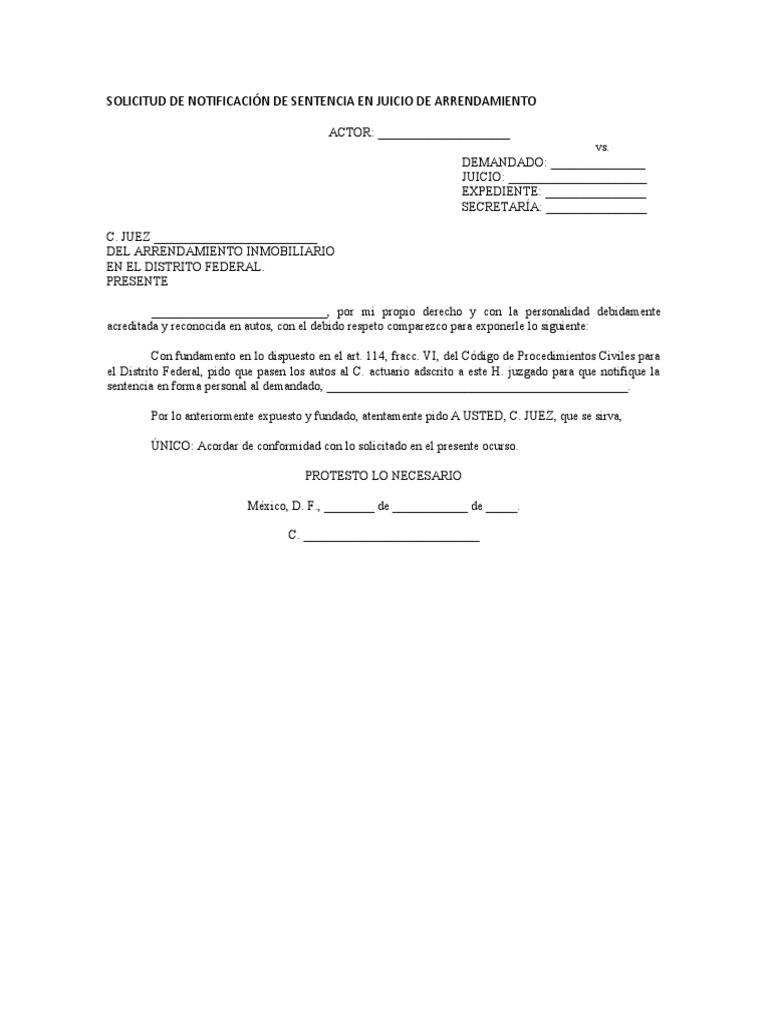 Solicitud de Notificación de Sentencia en Juicio de Arrendamiento | PDF Solicitud de Notificación de Sentencia en Juicio de Arrendamiento | PDF
