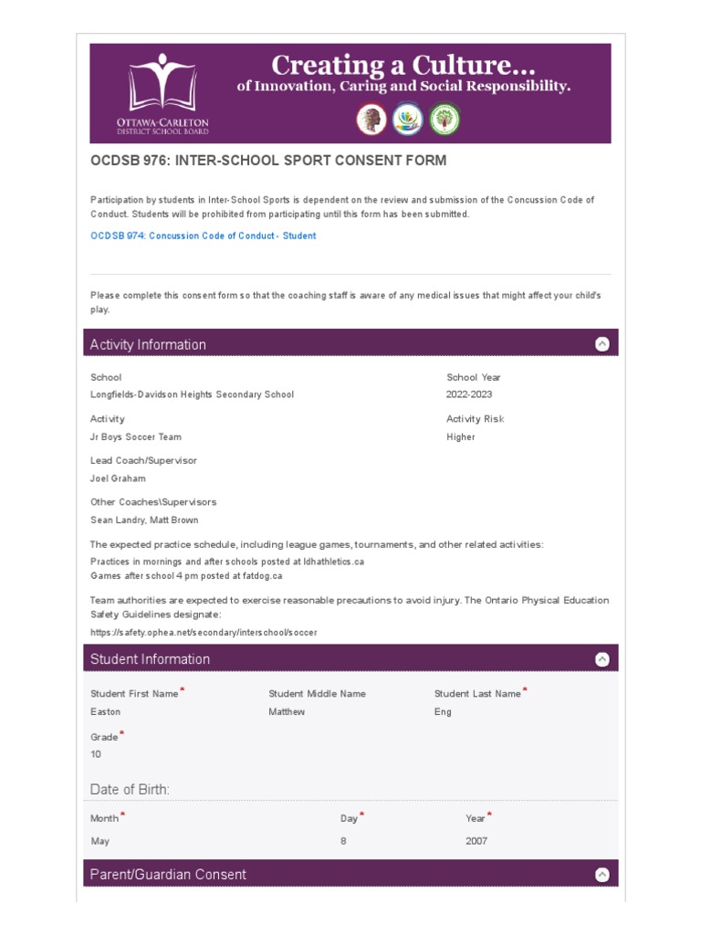 Student Athletic Participation Consent Form and Medical Information for ...