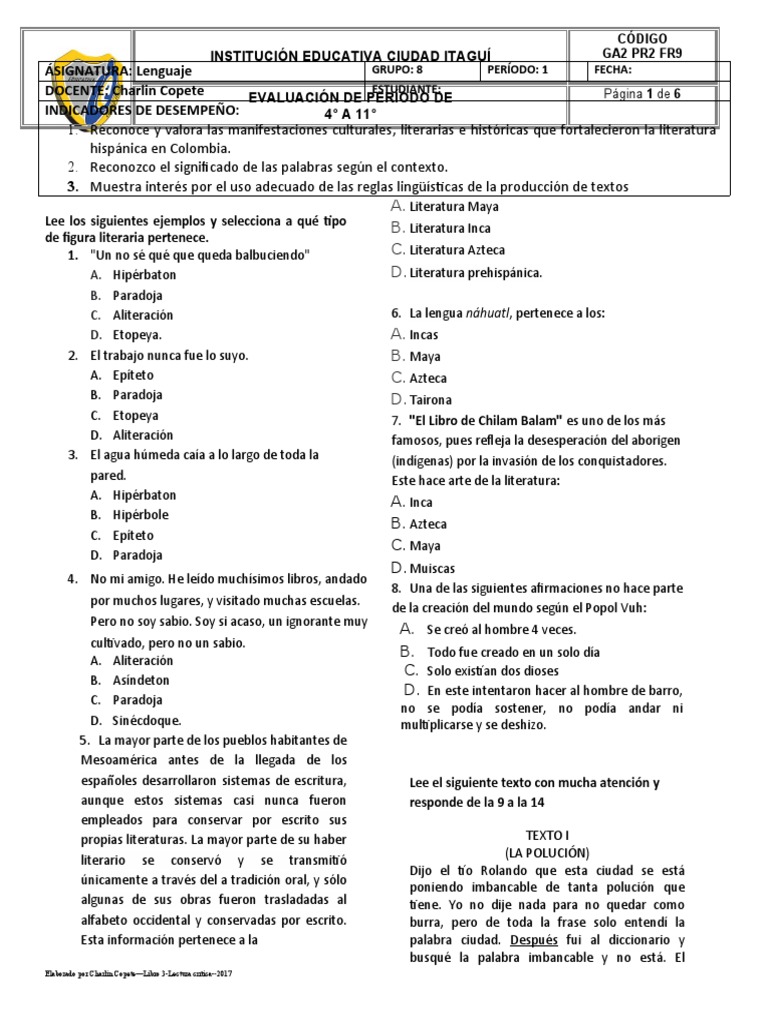Evaluacion Tipo Icfes Grado Sexto