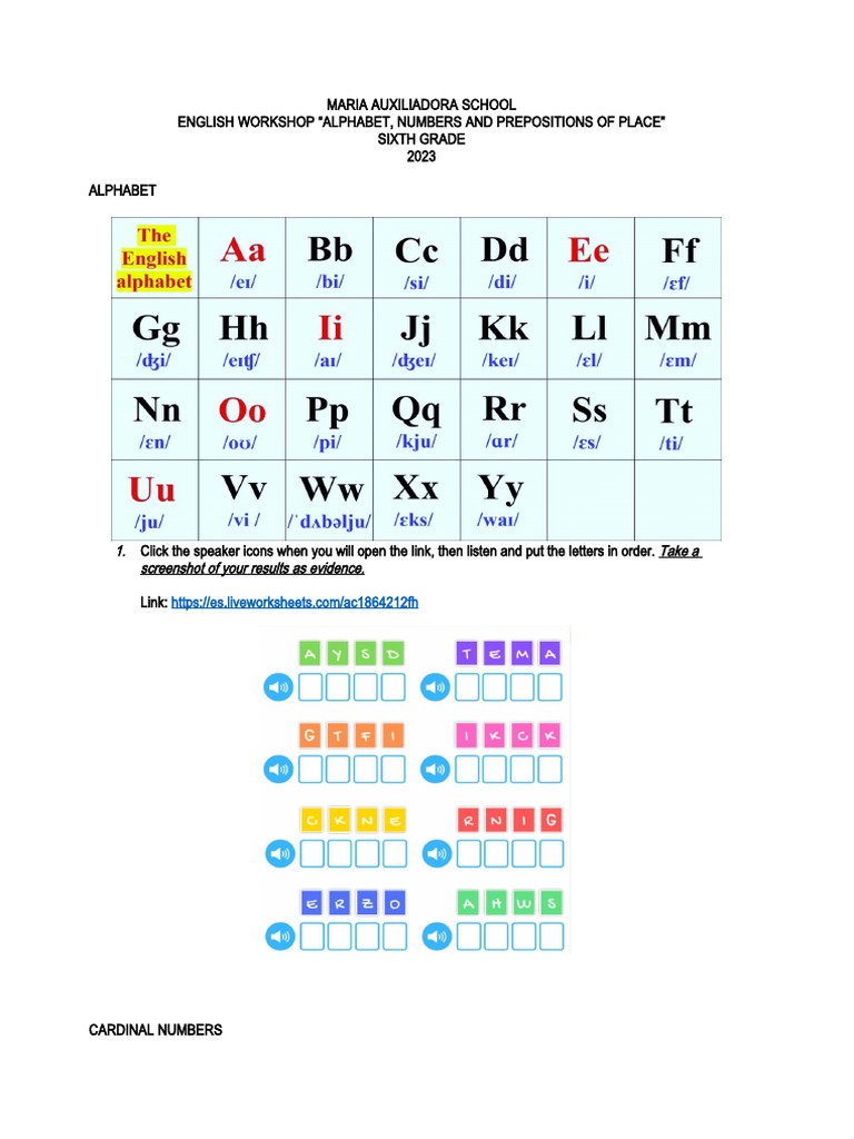 English Workshop Alphabet. Numbers and Prepositions of Place | PDF ...