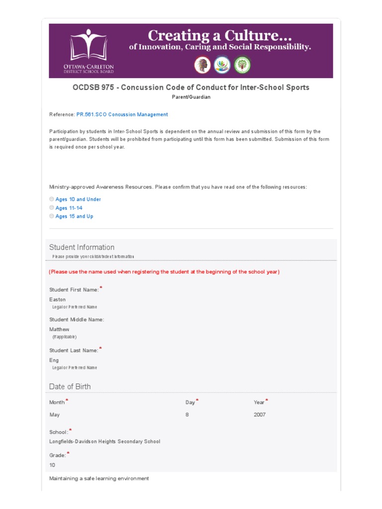 OCDSB 975 - Concussion Code of Conduct For Inter-S PDF | PDF ...