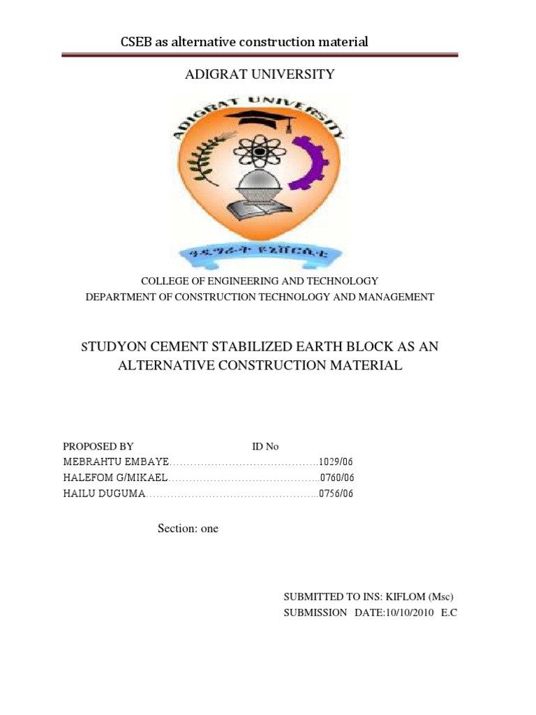CSEB As Alternative Construction Material Adigrat University | PDF | Building Materials ...