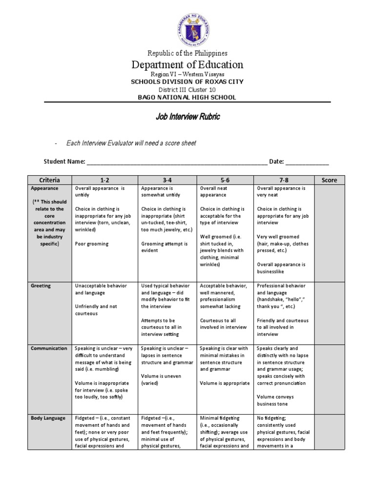 Student Interview Rubric | PDF | Body Language | Human Communication