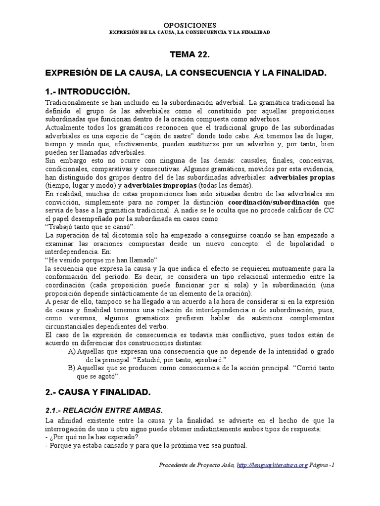 Tema 22. Causa Consecuencia y Finalidad. Pasado. | PDF | Adverbio | Oración (Lingüística)