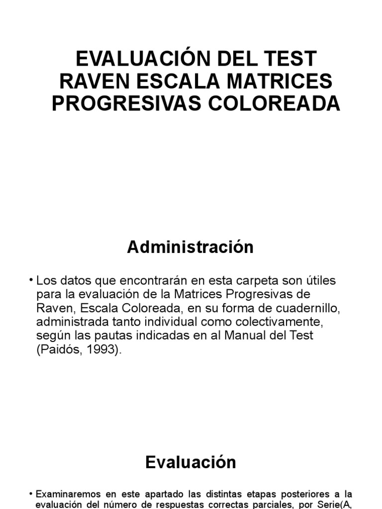 Evaluación Del Test Raven Escala Matrices Progresivas Coloreada | PDF ...