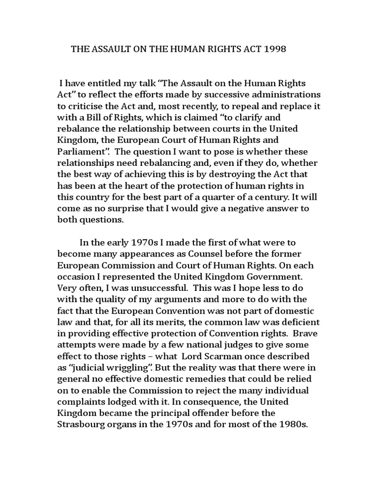 The Assault On The Human Rights Act 1998 | PDF | European Convention On ...