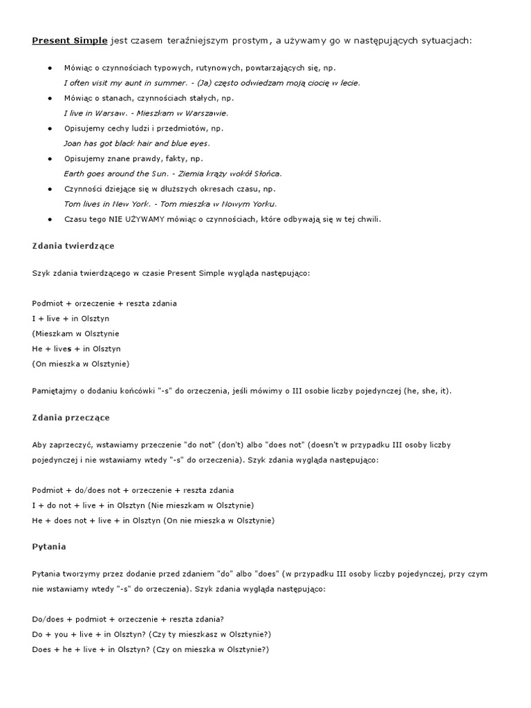 Present Simple Jest Czasem Teraźniejszym Prostym | PDF
