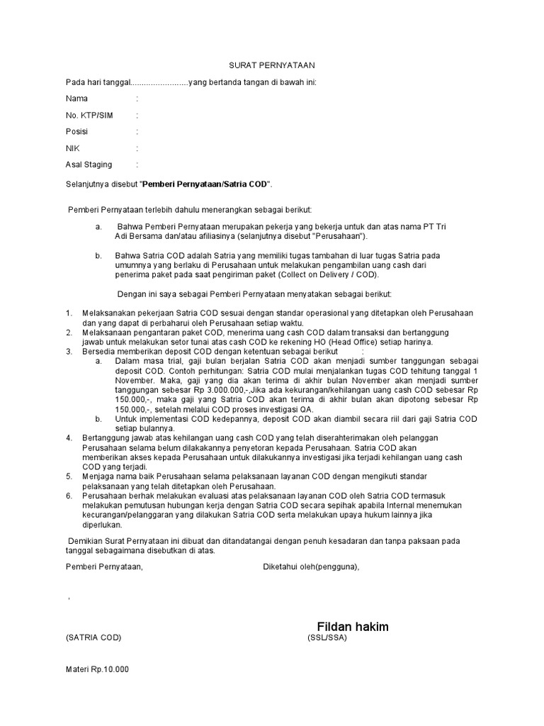 SURAT PERNYATAAN COD MASTER | PDF