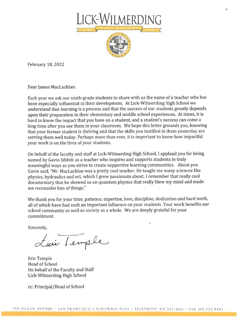 Gavin Sibbit Lick Wilmerding Letter of Thanks | PDF