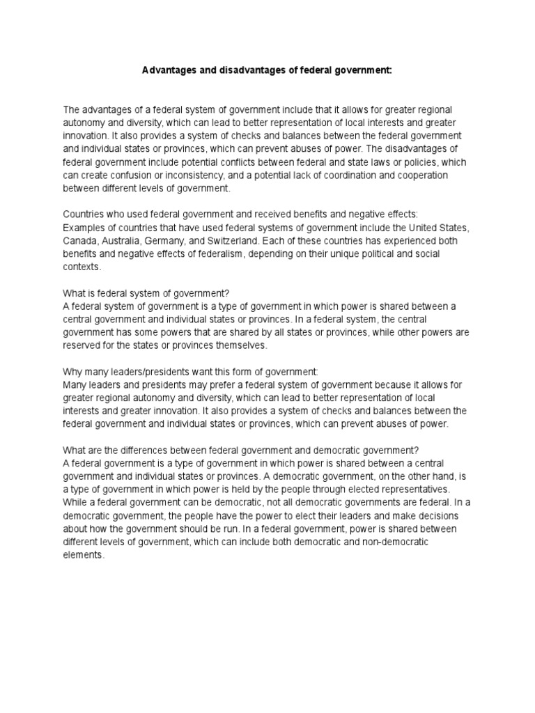Federalism and Its Advantages, Disadvantages | PDF | Federalism ...
