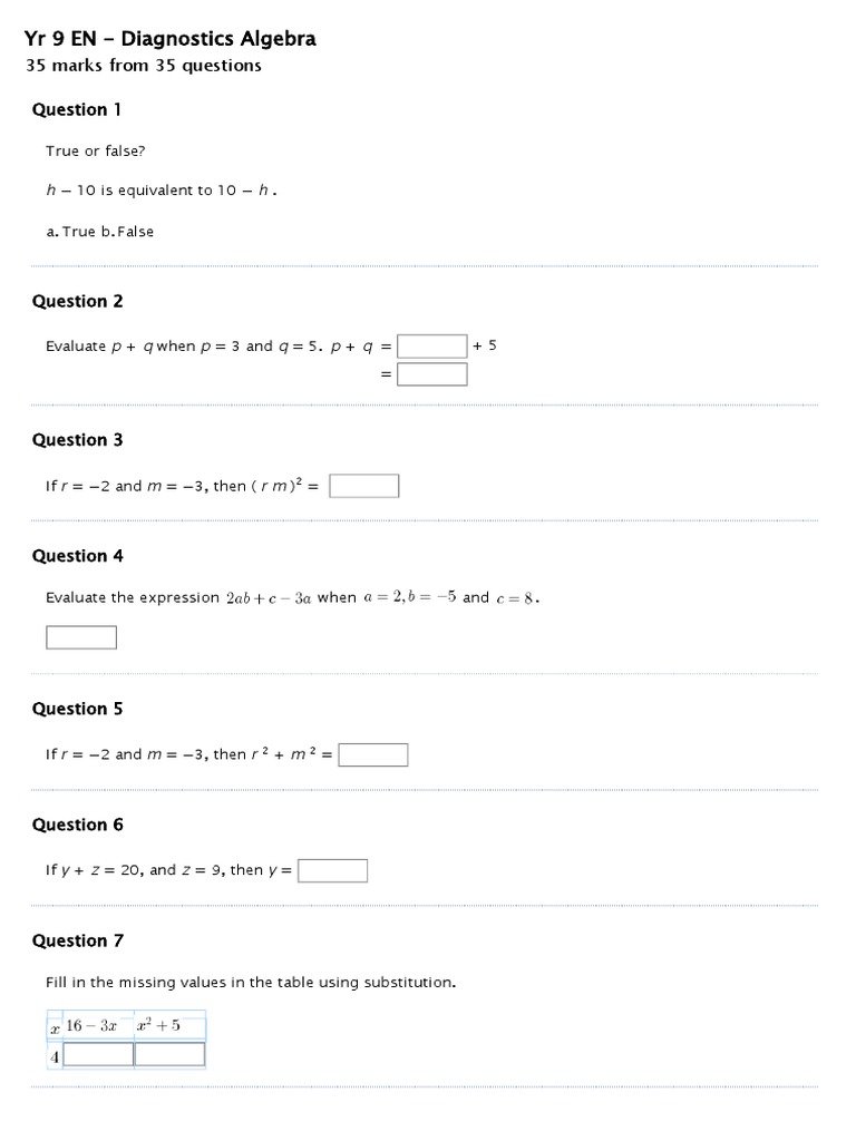 Year 9 Algebra Diagnostic Test | PDF | Mathematics | Elementary Mathematics